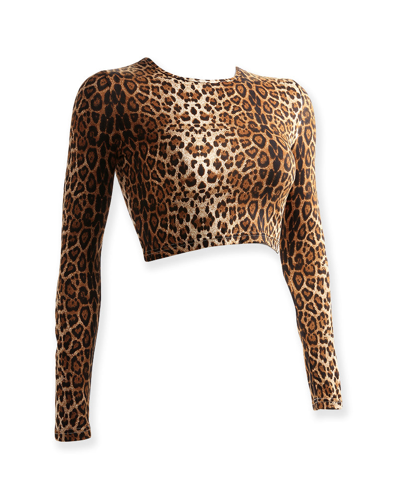 Leopard Animal Print Long Sleeve O Neck Crop Top – Neon Nation
